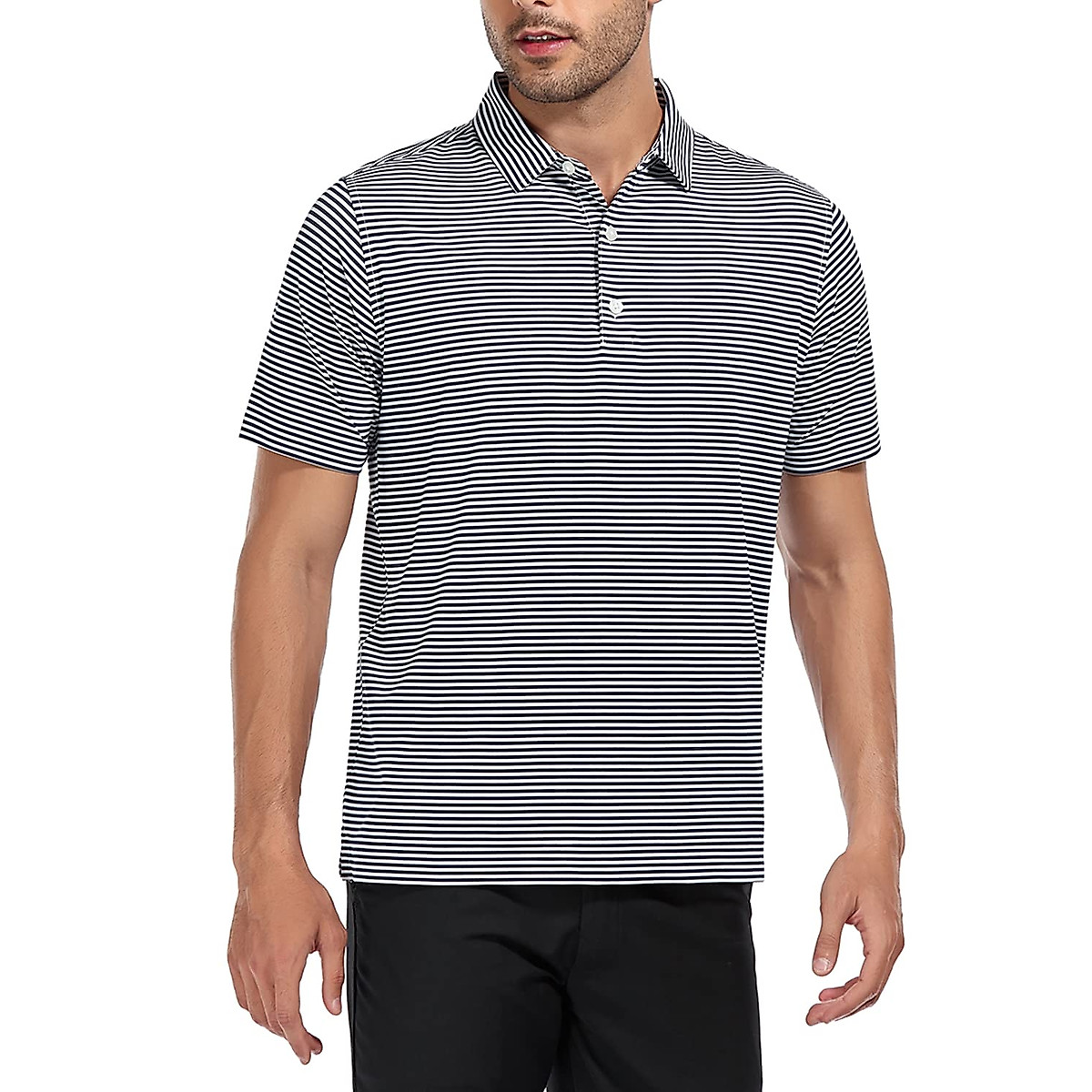 DEOLAX Mens Polo Shirts Classic Striped Golf Polo Shirts Short Sleeve Dry Fit Performance Wicking Moisture Polo Shirt for Men