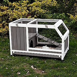 Gowoodhut Rabbit Cage On Wheels Outdoor Rabbit Hutch with Ramp, Pull Out Tray Indoor Wooden Guinea Pig House Bunny Hutch for for 1-2 Rabbit Guinea Pig Hedgehogs （GREYWHITE）