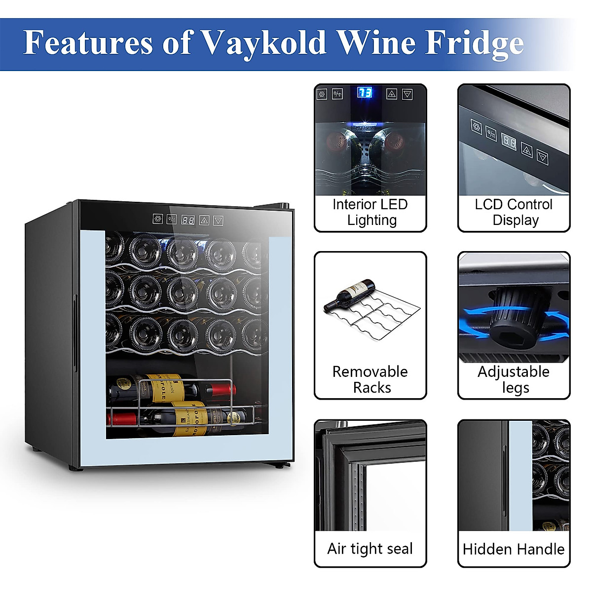 Vaykold Wine Refrigerator 19 Bottle Wine Cooler, Beverage Refrigerator Quiet Operation & LED Light Mini Fridge Glass Door, Wine Cellar for Beer, Red, White, Champagne or Sparkling Wine - Blue&gray