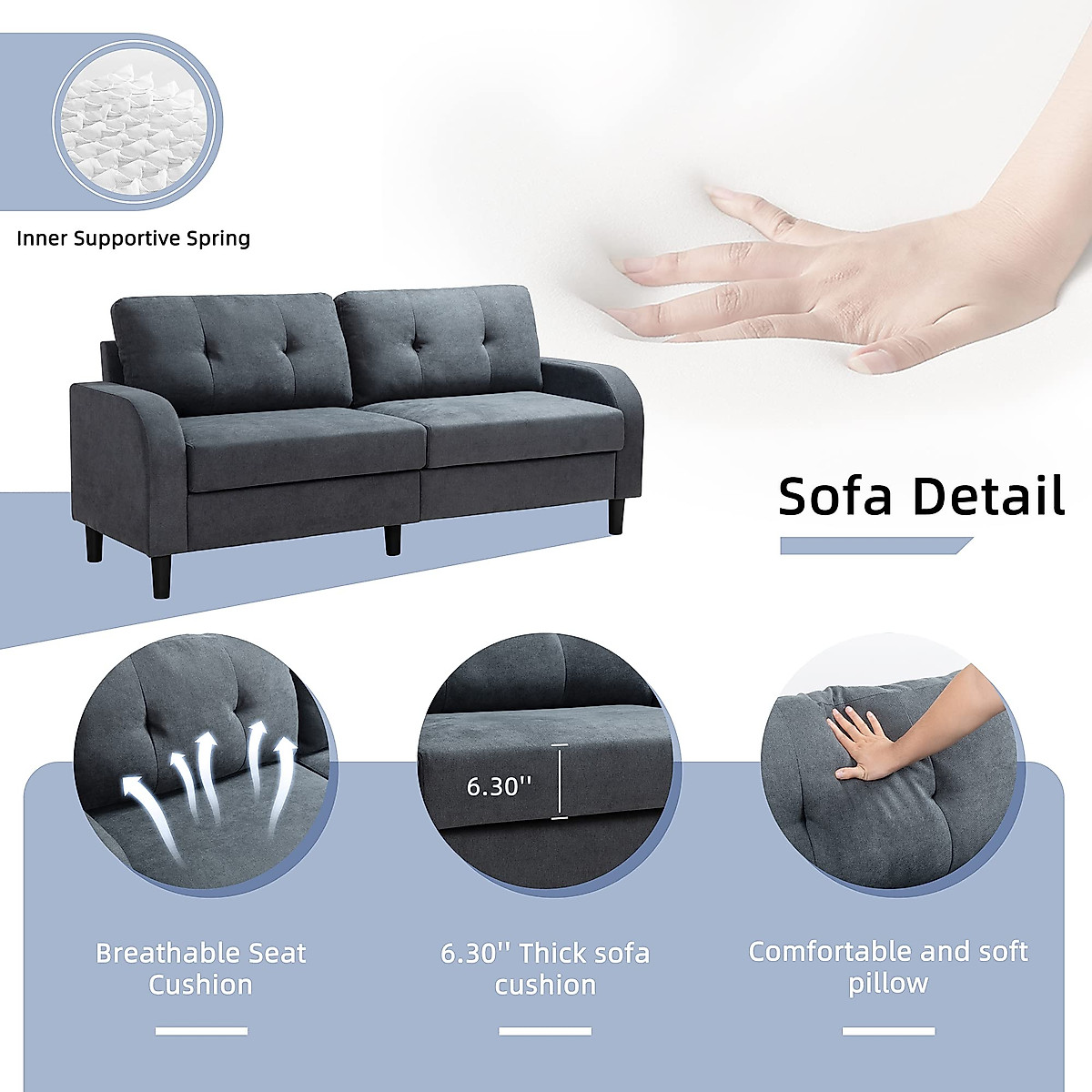 Vongrasig 73" Small Modern Loveseat Sofa Couch, Mid-Century Fabric Low Back 2-Seat Sofa Couch Tufted Love Seat for Living Room, Bedroom, Office, Apartment, Dorm, Studio and Small Space (Grey)