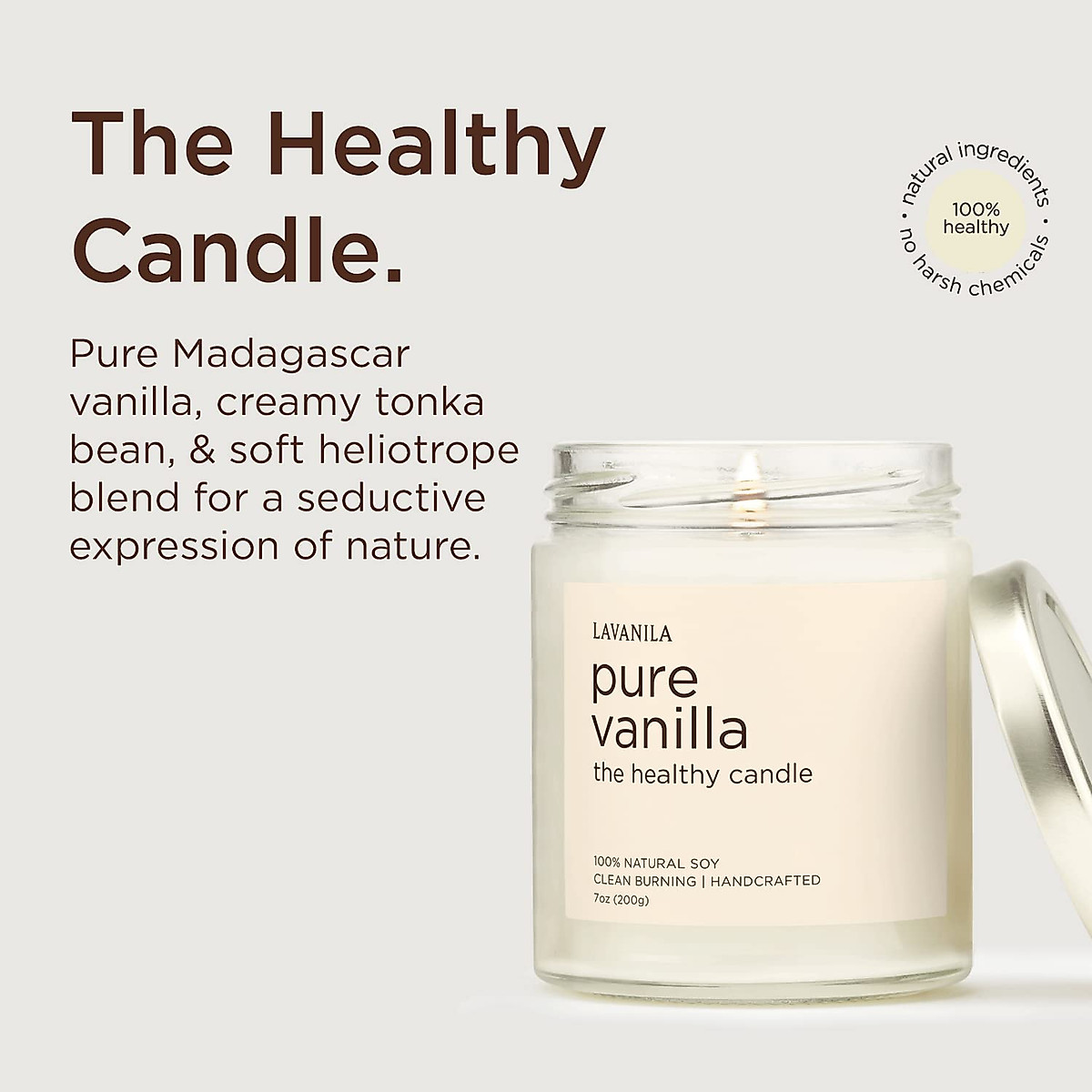 Lavanila Pure Vanilla Scented Natural Soy Candle (2-Pack) - Handcrafted, Clean Burning 50 Hour Burn Time, 7 oz Each