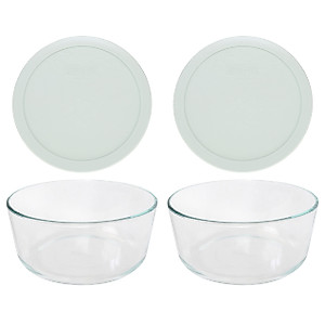 Pyrex (2 7203 Glass Bowls & (2) 7402-PC Sage Green Lids Made in the USA