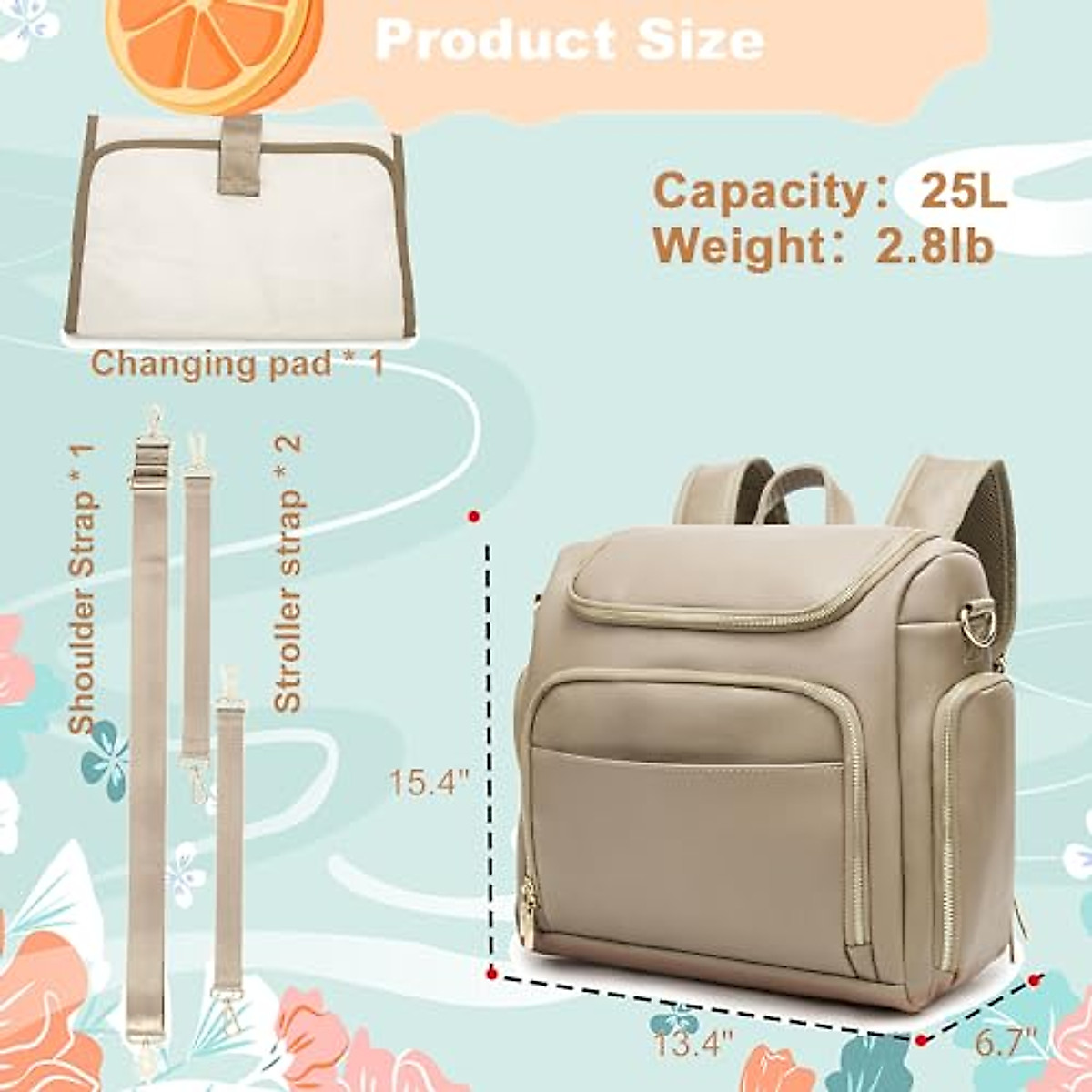 Leather Diaper Bag Backpack with Changing Pad - Multi-Function Large Capacity Baby Bag with Adjustable Shoulder Strap & Stroller Straps