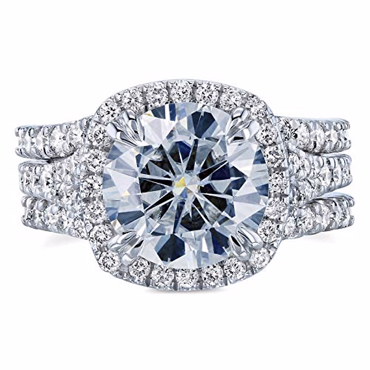 Kobelli Round Forever One D-F Moissanite Cushion Halo Bridal Wedding Set 4 1/3 CTW 14k White Gold 3 Piece Set, 6.5