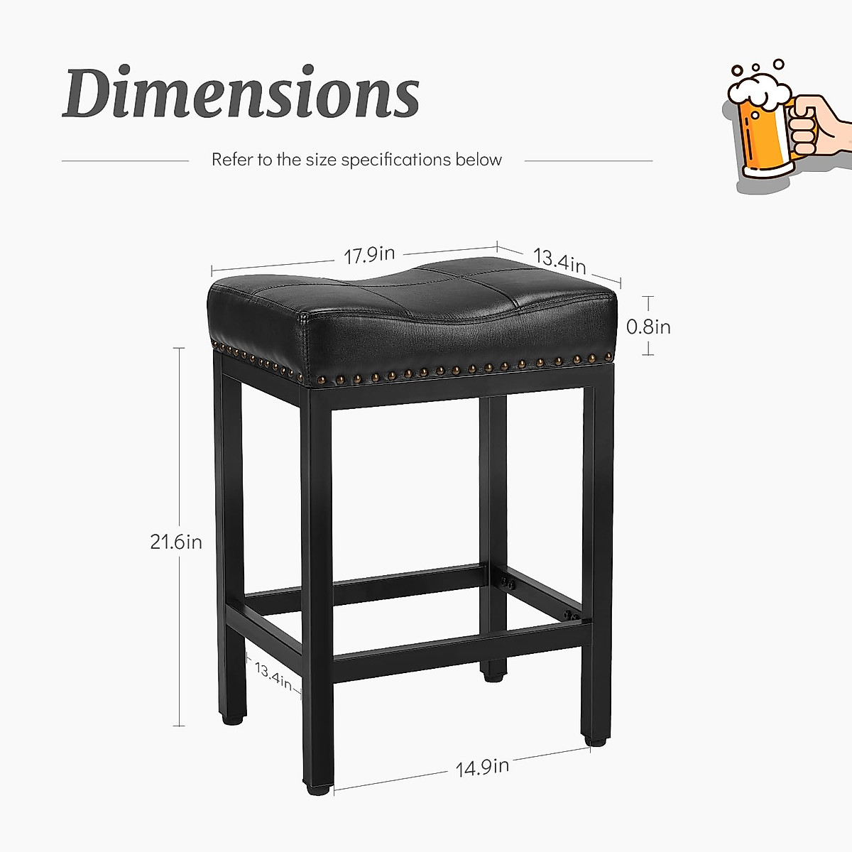 Sweetcrispy Bar Stools Set of 4，Counter Height Bar Stools，24 inch Bar Stools，Modern Kitchen Barstools with Metal Base, PU Leather Saddle Stools for Kitchen Island, Black