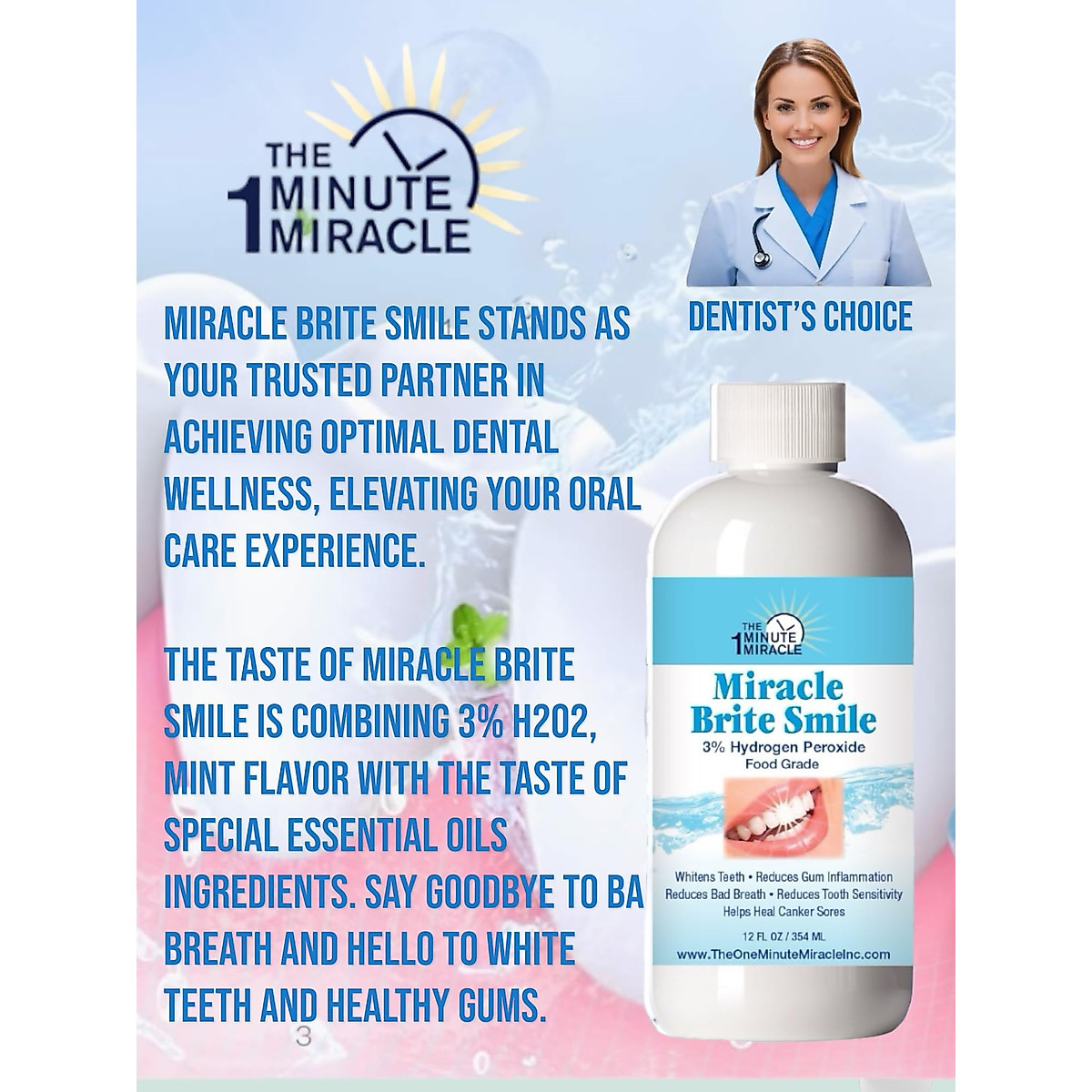The One Minute Miracle - Miracle Brite Smile Mouthwash and 12% Hydrogen Peroxide Medical Food Grade 8 oz Bottle. Recommended by The One Minute Cure Book