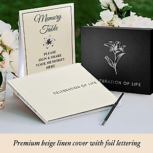VEX ECOM LTD. Timeless Linen Funeral Guest Book Set - Premium Hardcover Funeral Book, Celebration of Life Guest Book, Memorial guest book, funeral sign in book, Guest Book for Funeral- Pen, Table Sign