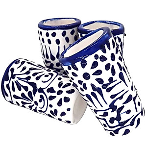 MEXTEQUIL - Talavera Shot Glasses Set of 4 Authentic Mexican Tequila Shot Glasses - Hand-painted - 2 Oz (Blue Lace)