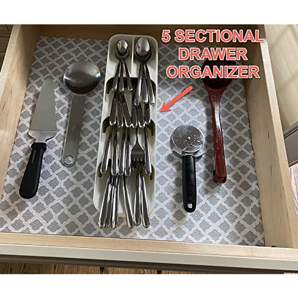 2022 Latest Kitchen Organizer Cutlery Storage Tray Knife Holder Drawer Storage for Spoons, Forks, Knives Tableware Organizer Knives Block Rack Set Cabinet Stand Multi-Purpose 15.5" (Cutlery White)