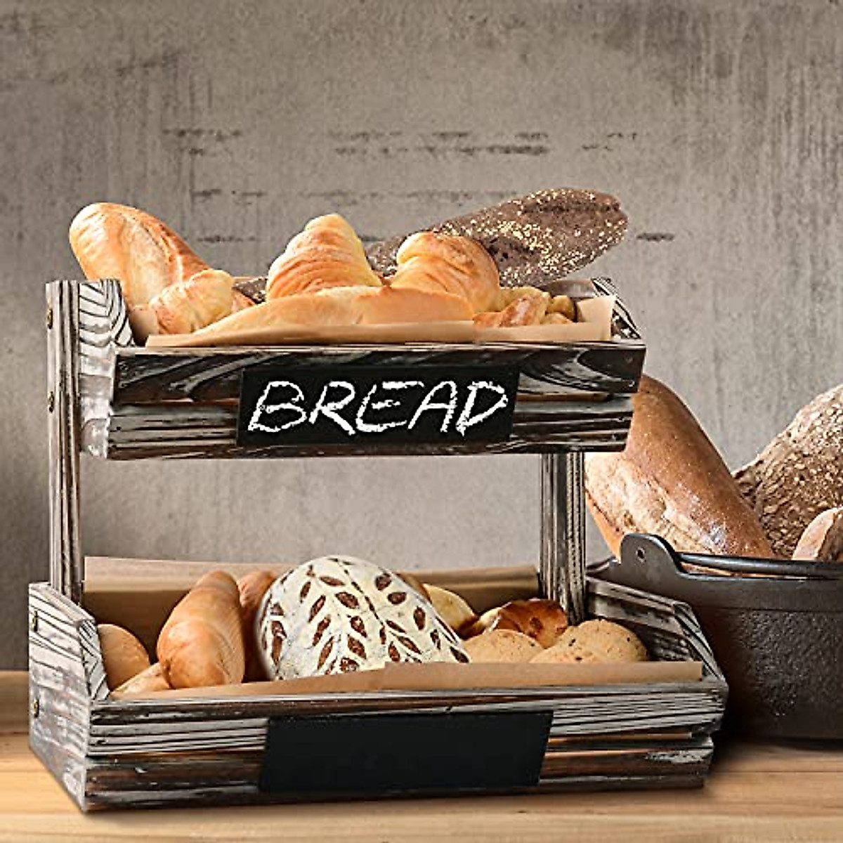 Rustic Fruit Basket Holder, 2 Tier Wood Fruit Stand with Chalkboards, Countertop Fruit and Vegetable Storage for Farmhouse Kitchen, Wooden Fruit Bowl for Vegetable Bread Snacks