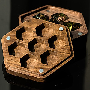 UDIXI Wooden Dice Box Skull Pattern, Walnut Dice Case with Magnetic Lid for Storage 7-Die Polyhedral Dice Set, Easy Carring, DND Gift (Hexagon)