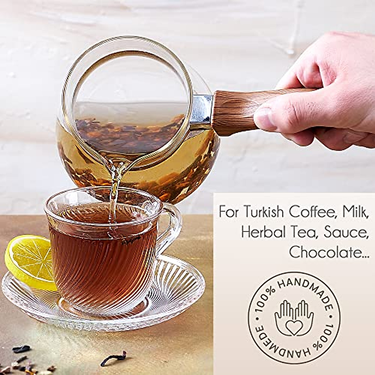 Crystalia Turkish Coffee Pot Borosilicate Glass, Stovetop Tea Maker, Greek Coffee Cezve Briki, Heat Resistant Milk Warmer, Hot Chocolate or Butter Melting Pot, Coffee Server with Handle