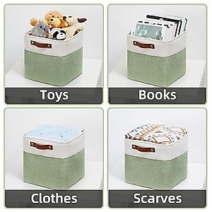 HNZIGE Fabric Cube Storage Baskets Bins Cube Baskets 11x11, Set of 4, Foldable Storage Cube Bin Baskets for Shelves with Handles, Bins for Cube Organizer Home Toy Nursery Closet Bedroom(Green White)