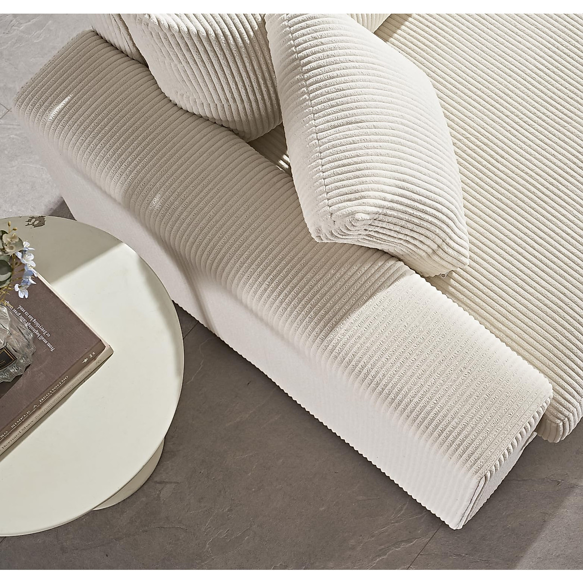 Container Furniture Direct Luxe Corduroy Sofa with 2 Toss Pillows, Spacious and Comfortable 3 Seater Couch for Modern Living Room, Ideal for Entertainment and Cozy Moments, 89" Wide, Beige