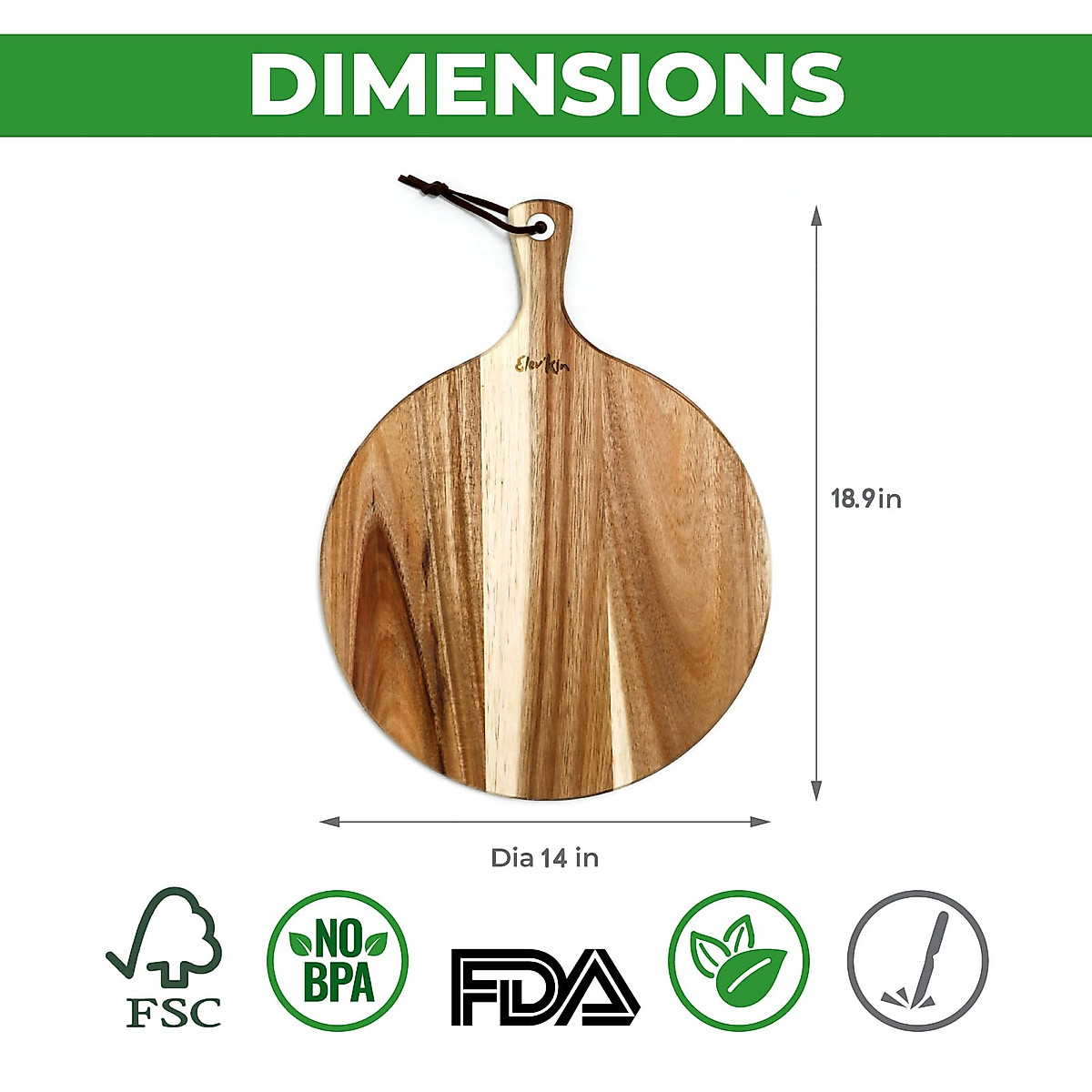 Elevkin Round Cutting Board, Acacia wood cutting board for kitchen, Charcuterie Boards and Cheese Serving Platter for Meat, Bread and Crackers, Deviled Egg Plates & Pizza Peel for Party, 12 x 16 inch