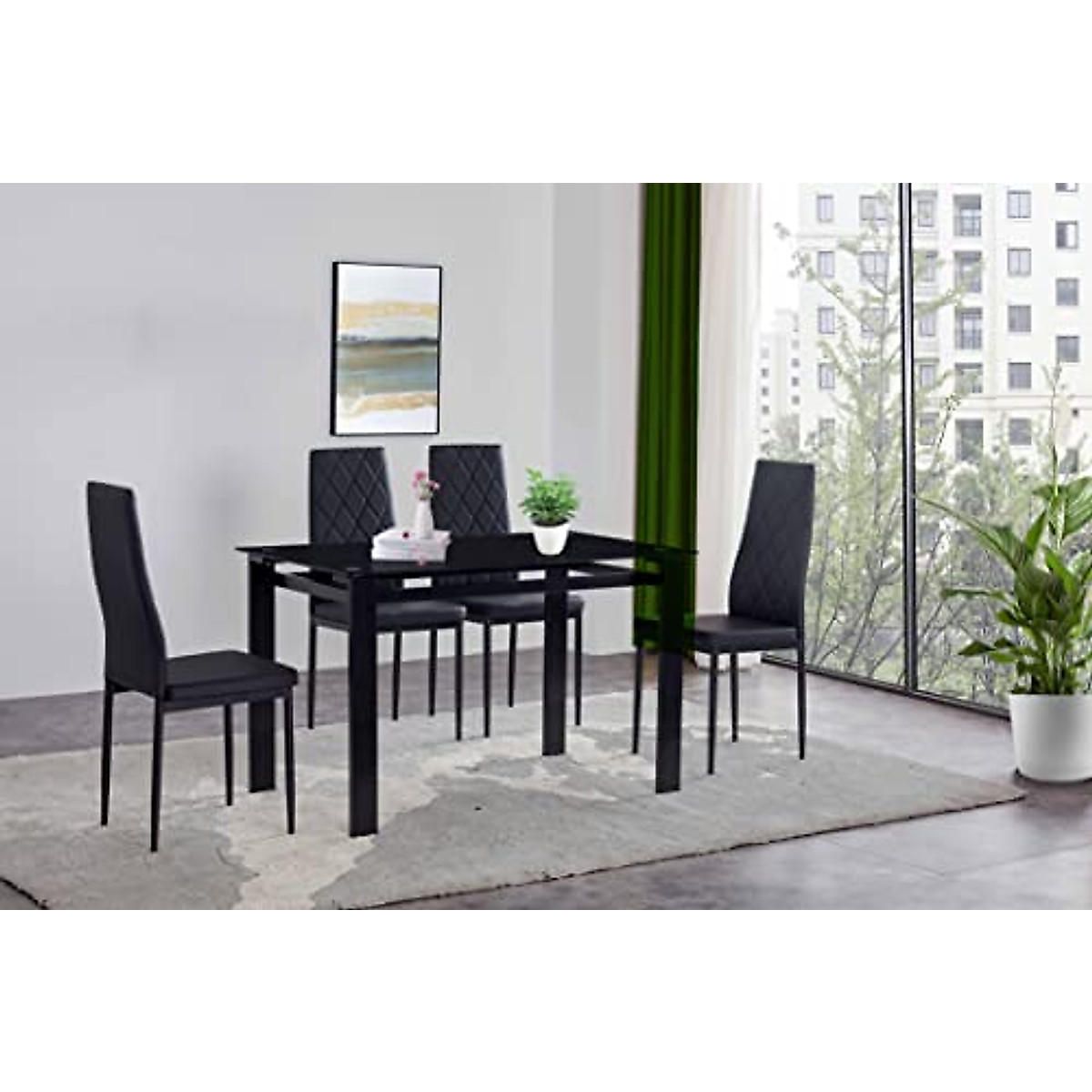 IANIYA 5-Piece Tempered Glass Dining Table Set for Kitchen Room in Transparent Table and Black Chairs (2023 New Black Set 5)