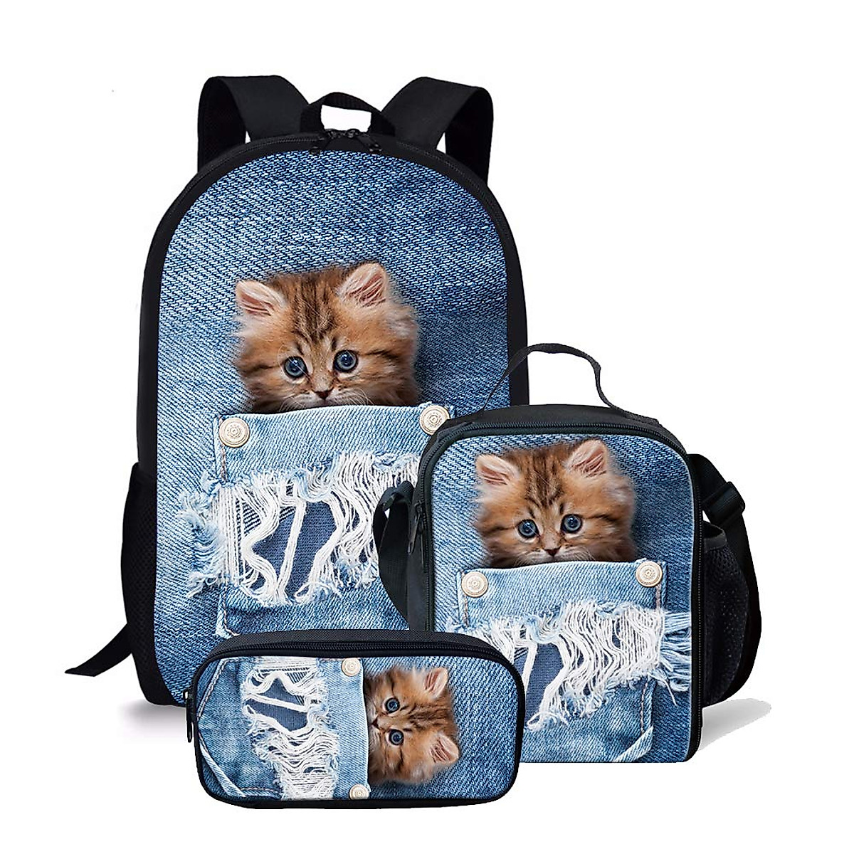 Amzbeauty Cute Cat Backpack with Lunch Bag Pencil Case kids Teen Boys Girls Backpacks Set School Bookbags