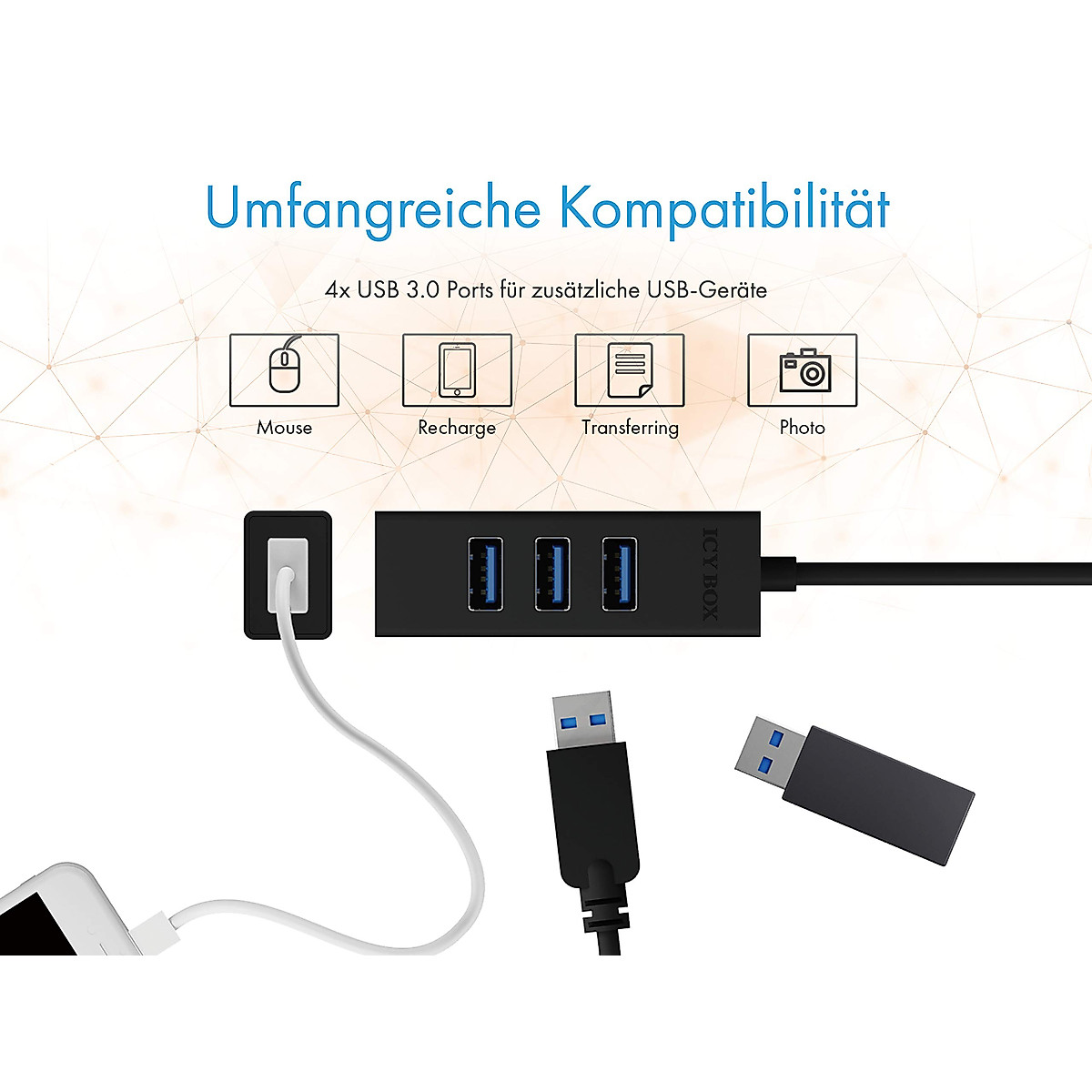 ICY BOX 4 Port USB Hub 3.0 with USB 3.0 Connection Integrated Cable Aluminium Black