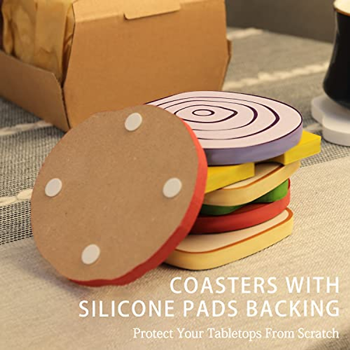 Sandwich Coasters for Drinks, Sets of 8 Funny Wood Coasters with Non-Slip Pads, Cute Coasters for Coffee Table Wooden Table, Unique Birthday Housewarming Gifts, Office Home Desk Decor 4 Inch