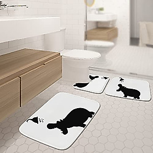 Kntiline Hippo Bathroom Rugs and Black Animal Silhouette Art Pattern Mats Sets 3 Piece, Velvet Memory Foam Black White Bath Mat, Large Small and U-Shaped Contour Shower Mat Non-Slip Washable