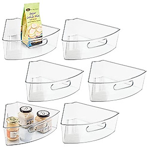mDesign Kitchen Cabinet Plastic Lazy Susan Storage Organizer Bins with Front Handle - Large Pie-Shaped 1/6 Wedge - Ligne Collection - 6 Pack - Clear