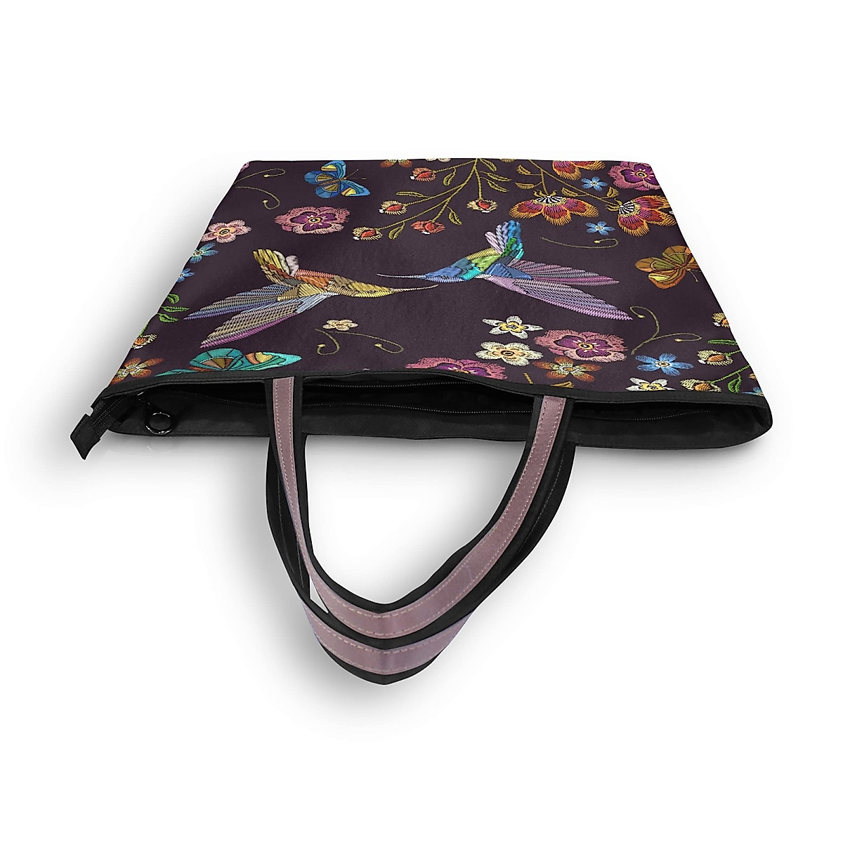 linqin Women's Shoulder Handbags Tote Purse with Zipper closure Humming Bird And Tropical Flowers Embroidery