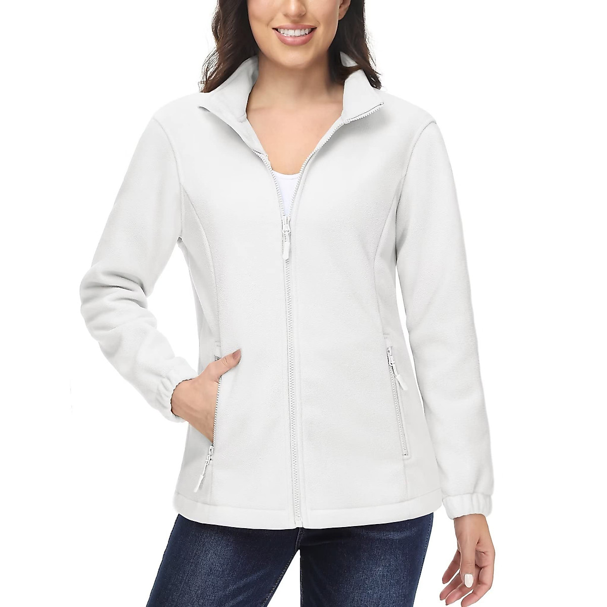 MAGCOMSEN White Fleece Jacket for Women Lightweight Full Zip Coats Soft Warm Polar Fleece for Winter, M