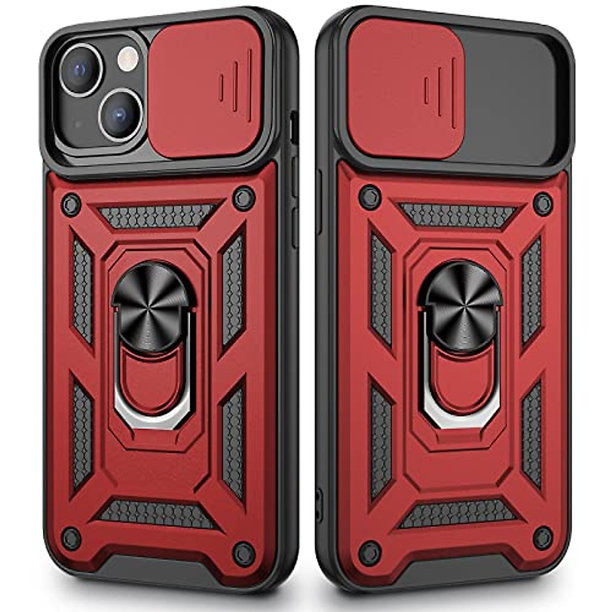 VEGO Compatible for iPhone 13 Case, iPhone 13 Kickstand Case with Slide Camera Cover, Built-in 360° Rotate Ring Stand Magnetic Cover Case for iPhone 13 6.1 inch 2021 - Red
