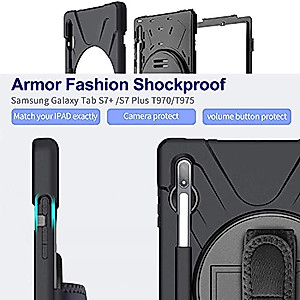 Gerutek Galaxy S7FE/S8 Plus/S7 Plus 12.4" Case 2022/2020, 3-Layer Shockproof Structure Samsung Galaxy S8+ /S7+ Tablet Case with Pen Holder, Rotatable Kickstand, Shoulder/Hand Strap, Black