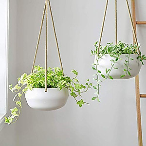 Mkono 8 Inch Ceramic Hanging Planter for Indoor Plants Modern Outdoor Porcelain Hanging Plant Holder Geometric Flower Pot with Polyester Rope Hanger for Herbs Ferns Ivy, White