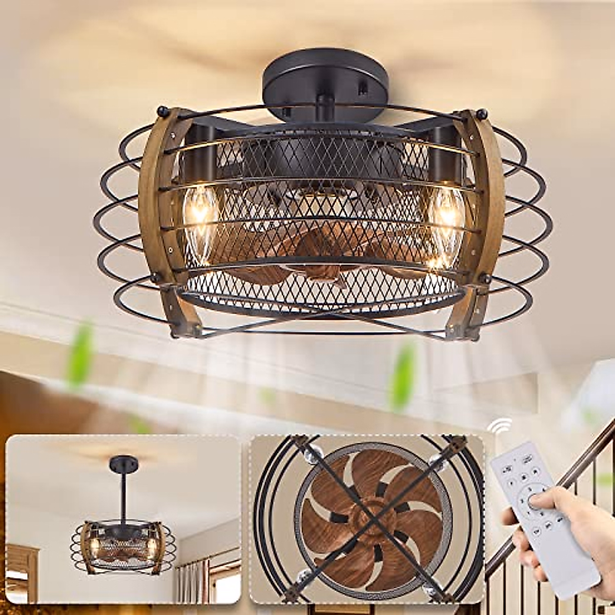 SADENICEL Farmhouse Caged Fan with Lights Remote Control, 17 Inch Low Profile Bedroom Fans, Rustic Ceiling Fans for Kitchen, Dining Room (Antique Wood-E)