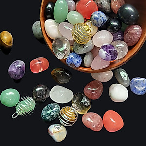 Rocktone 10once Gemstones Beads Tumbled Healing Stones Energy Crystals Pocket Stones Natural Polished Gemstones with 3 Sets Crystals Pendants for Wicca, Reiki, Jewelry Making 0.5''-1''