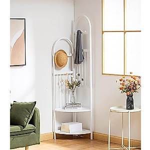 latifolia Corner Clothing Rack, bamboo clohes rack with 8 Hooks for hanging clothes, hats, Bottom two shelves for storage, white
