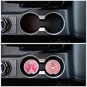 4Pcs Anime Moon Cat Car Coasters with Finger Notch Aesthetic Moon Cat Shaped Absorbent Ceramics Heat Resistant Anti Slip Cork Base Car Drinks Coasters Auto Accessories for College Back to School Gifts