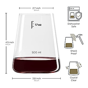 Modern Stemless Wine Glasses Set of 4-17 oz Stemless Wine Glasses, European Wine Glasses Stemless, Unique White Wine Glasses, Large Bowl Drinking Glass for Red Wine, Dishwasher Safe, Gifts
