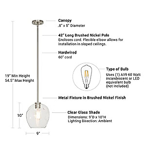 Catalina 9" Modern Clear Glass Round Mini Pendant Ceiling Light, Brushed Nickel