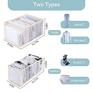 HIPTIS Wardrobe Clothes Organizer, 4PCS Closet Drawer Organizer for Closet, Mesh Clothes Storage Organizer 7Grids for Thin Jeans, T-shirts, Underwear, Socks, Scarves, Leggings, Skirts 2L+2M