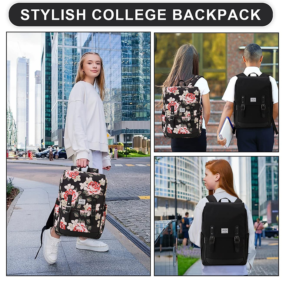 RAVUO Backpack for Women Men, Water Resistant School Backpack College Bookbag Casual Daypack Travel Rucksack Black