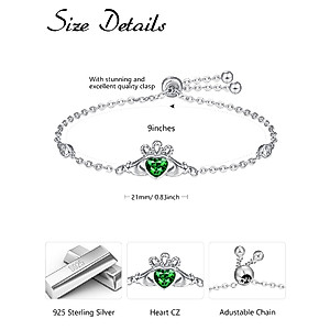 Dreamboat Claddagh Bracelet Irish Jewelry for Women Heart Bracelets Emerald Green Bracelets May Birthstone Bracelet Sterling Silver Adjustable Bracelets Birthday Gifts for Mom