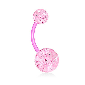 Forbidden Body Jewelry Belly Button Rings Metal Free Belly Ring Bioflex Barbell with Clear or Glitter Double Balls 14G (Pink Glitter)