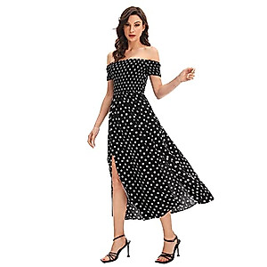 Floerns Women's Boho Floral Print Off Shoulder Split Long A Line Dress Black White Dots S