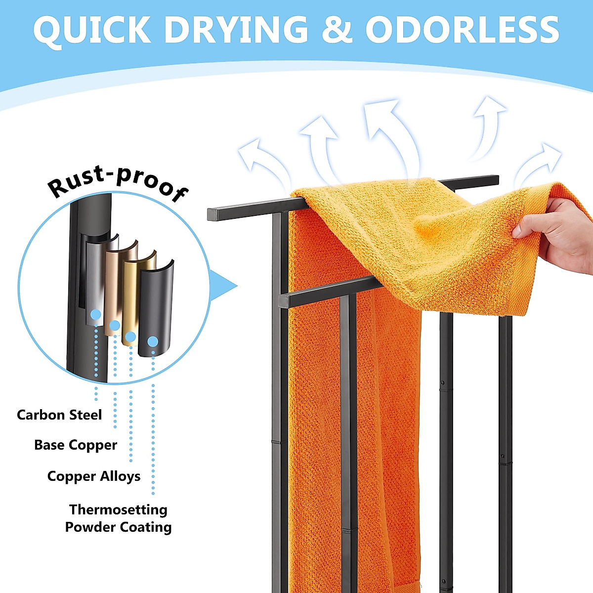 Standing Towel Racks for Bathroom, 2 Tier Bathroom Floor Free Standing Towel Rack, Tall Enough Pool Towel Rack Outdoor Stand for Drying Storage Towels, Black Freestanding Blanket Holder, ALHAKIN