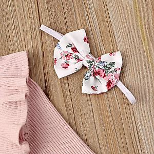 Newborn Infant Baby Girls Easter Outfits Bunny Long Sleeve Knitted Romper Bodysuit Floral Pants with Headband 3Pcs Clothes Set (Shrimp Pink, 0-6 Months)