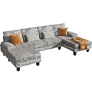 Shahoo Sectional Couch Living Room Sets Chenille Fabric U-Shaped Sofa with Double Chaises, Dark Gray