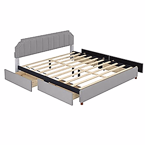 GLORHOME King Size Upholstered Platform Bed with Headboard and 4 Storage Drawers, Solid Support Legs