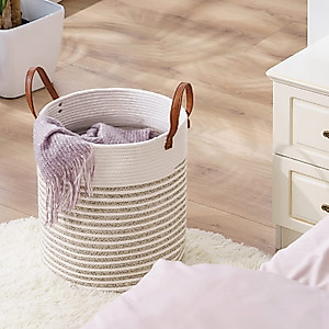 YOUDENOVA Laundry Basket for Blanket- Cotton Nursery Hamper 16 x 14 x 14 Inches, Woven Basket for Kids Toy, Clothes Hamper Basket, Brown