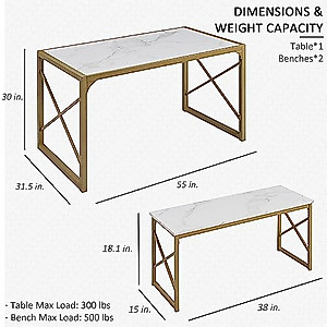 VECELO Kitchen Table with 2 Benches for 6,Wood Dining Room Dinette Sets with Metal Frame for Breakfast Nook and Small Space, 55", White&Gold