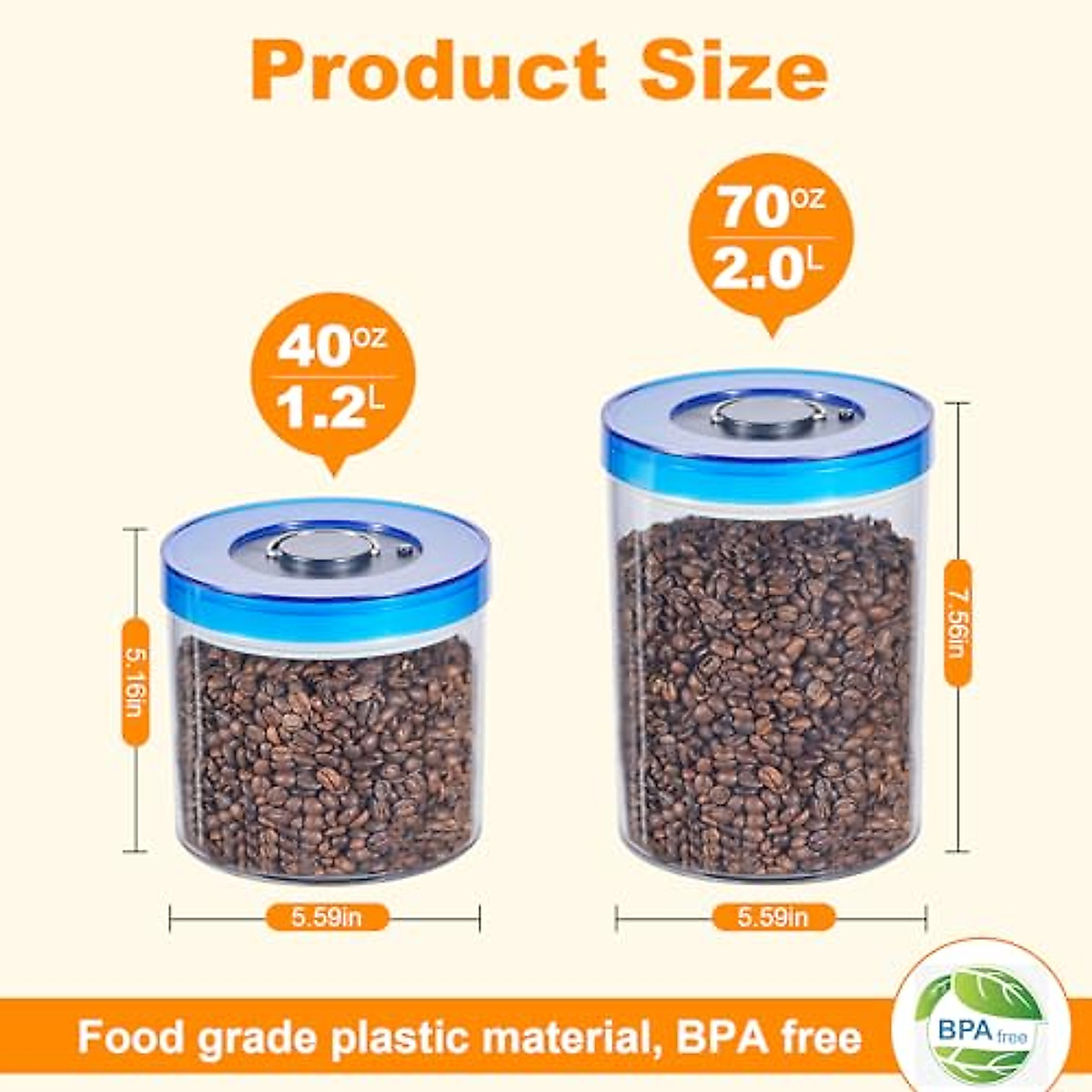 UFGOHFS Coffee Bean Storage Vacuum Seal Containers Airtight Coffee Container Airtight Food Storage Containers Coffee Vacuum Canister Sugar storage containers airtight 1.2 Liter blue