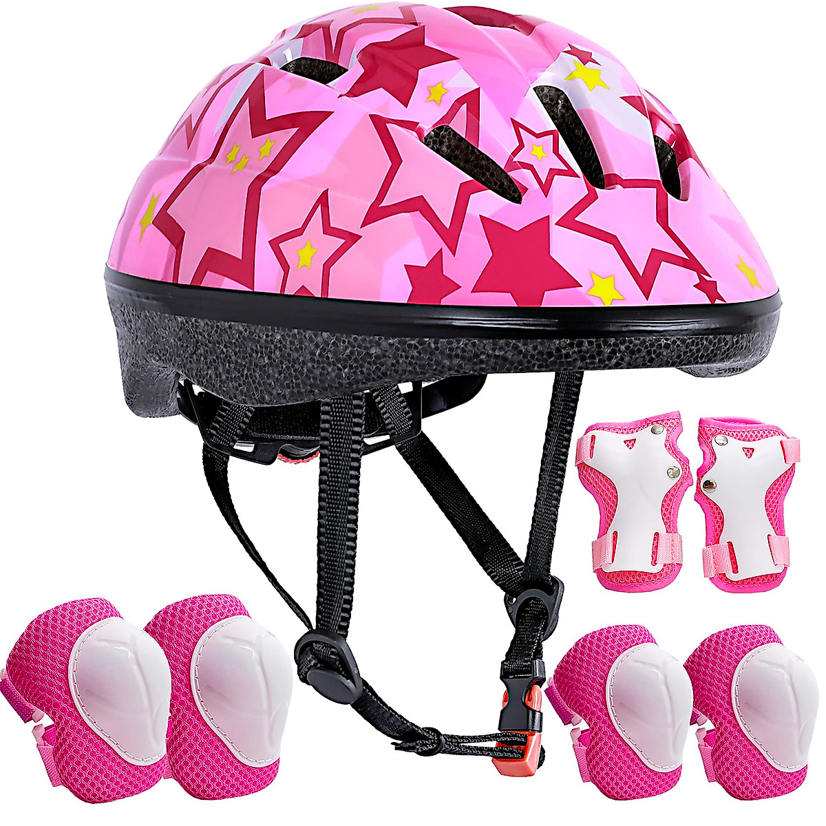Asslen Kids Bike Helmet Suitable for Ages 3-8 Years Boys Girls, Adjustable Toddler Helmet with Knee Elbow Pads Wrist Guards Sports Protective Gear Set for Bike Bicycle Skateboard Scooter-Pink