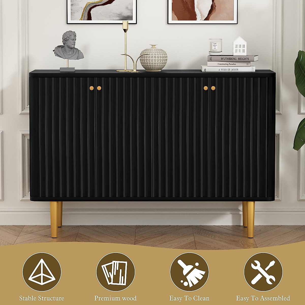 HLR Sideboard Buffet Cabinet, 48" Modern Accent Cabinet with 4 Door and Removable Shelves, Credenza Entryway Cabinet with Storage for Living Room, Dinning Room, Black